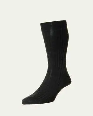Pantherella Laburnum Ribbed Wool Mid-calf Socks - Gray Pattern