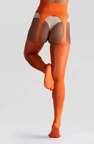 LECHERY® Lustrous Sheer Suspender Crotchless Tights - Orange