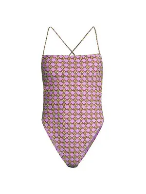 Tory Burch Women's T Monogram Tie-Back One-Piece Swimsuit - Checkered Lilac Logo  - Checkered Lilac Logo