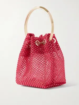 JIMMY CHOO Crystal-embellished Mesh Bucket Bag - Red