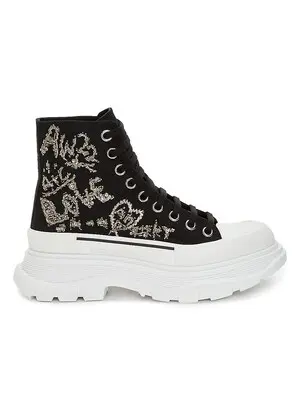 Alexander McQueen Women's Tread Slick Canvas Embellished Ankle Boots - Black  - Black