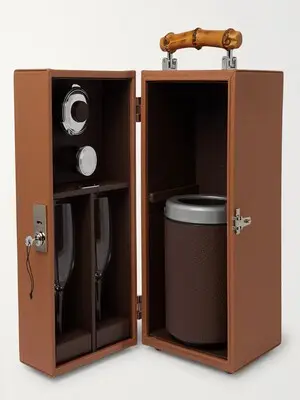 LORENZI MILANO Full-grain Leather And Bamboo Travel Champagne Cabinet - Brown