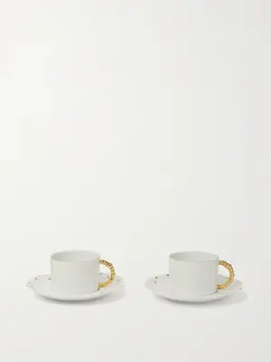 L'Objet Haas Mojave Set Of Two Gold-plated Porcelain Tea Cups And Saucers - White