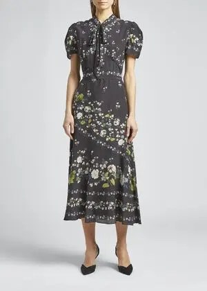 Erdem Elmer Garden-Print Silk Midi Dress - Black