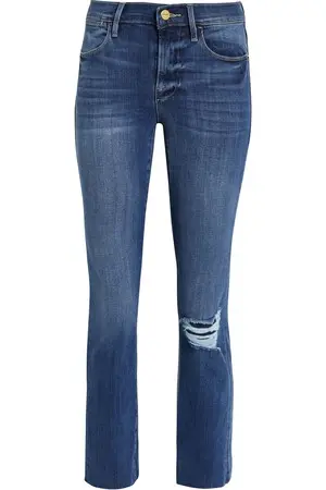 FRAME Distressed Highrise Straightleg Jeans - Mid Denim