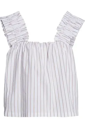 FRAME Cropped Ruffle-trimmed Striped Organic Cotton-poplin Top