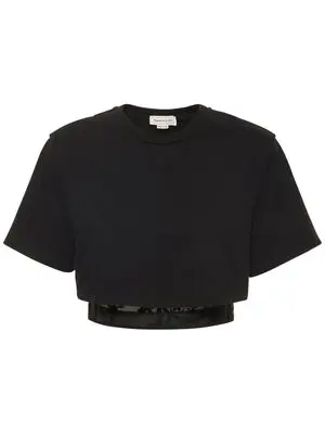 Alexander McQueen Cropped Lace Panel Cotton T-shirt - Black