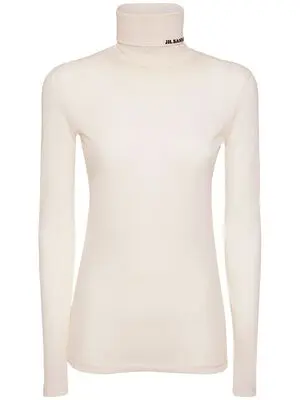 JIL SANDER Logo Wool Blend Jersey Turtleneck Top - Natural