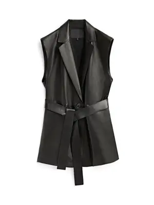 Massimo Dutti Black Nappa Leather Blazer-Style Gilet - Black