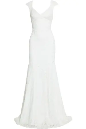 Theia Open-Back Draped Lace Bridal Gown - White