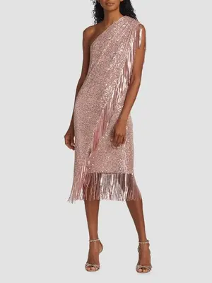 Badgley Mischka Sequin Fringe One-shoulder Midi Dress