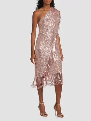 Badgley Mischka Sequin Fringe One-shoulder Midi Dress