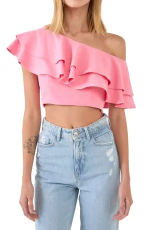 Endless Rose Ruffle One-shoulder Crop Top - Pink