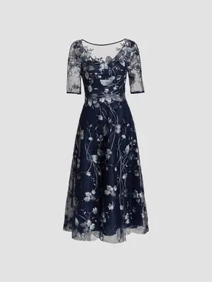 Rickie Freeman For Teri Jon Embroidered Tulle Tea Dress