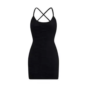 SKIMS Logo Velour Slip Dress | Black