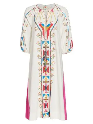 Farm Rio Women's Macaw Embroidered Linen Caftan Midi-Dress - Off White - Size Medium - Off White  - Off White