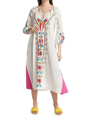 Farm Rio Macaw Embroidered Linen Caftan Midi-dress Size