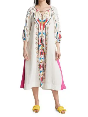 Farm Rio Macaw Embroidered Linen Caftan Midi-dress Size