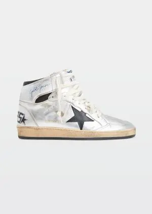GOLDEN GOOSE Men's Sky Star Laminated Leather High-Top Sneakers Silverblack