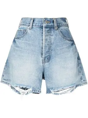 We11Done Light Wash Ripped Denim Shorts - Blue