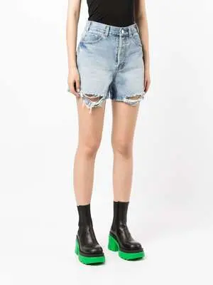 We11Done Light Wash Ripped Denim Shorts - Blue
