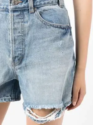 We11Done Light Wash Ripped Denim Shorts - Blue