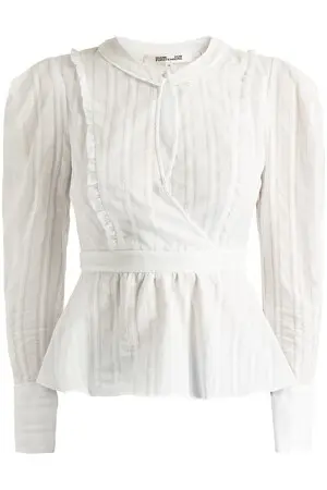 Diane Von Furstenberg Erin Ruffletrimmed Cottonjacquard Peplum Blouse - White