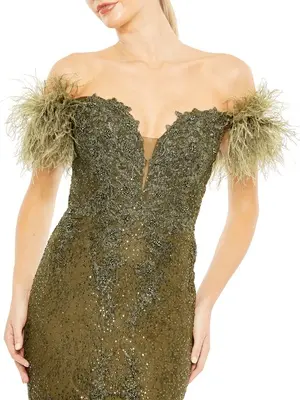 Mac Duggal Off-the-shoulder Feather Embellished Mermaid Gown