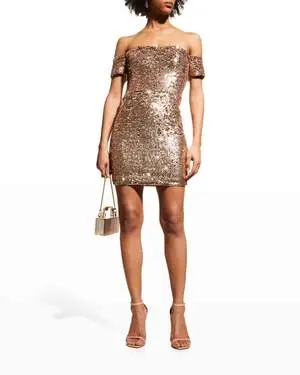 Dress The Population Jada Sequin Off-the-shoulder Mini Dress - Soft Gold Multi