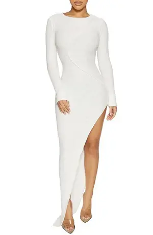 Naked Wardrobe Elastic Lace Asymmetric Long Sleeve Gown