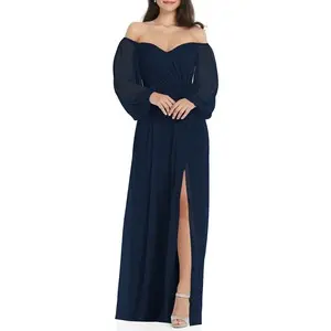 Dessy Collection Convertible Neck Long Sleeve Chiffon Gown - Midnight Navy
