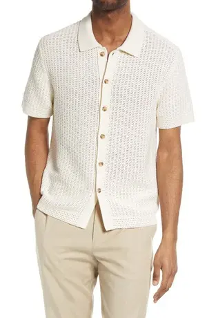 Vince Crochet Cotton Short Sleeve Button-up Shirt - Bone