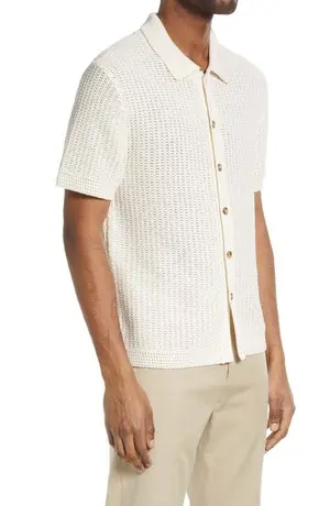 Vince Crochet Cotton Short Sleeve Button-up Shirt - Bone