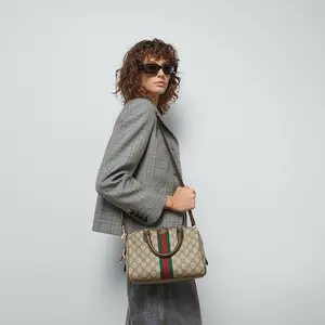 Gucci Ophidia Medium Top Handle Bag - Beige And Ebony Canvas