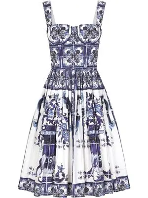 dolce gabbana blue white dress Dolce & Gabbana Maiolica Pleated Printed Cotton-Poplin Dress - Blue