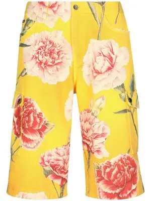 Dolce & Gabbana Carnation Print Cargo Denim Shorts - Yellow