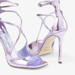 JIMMY CHOO Azia 110 Mauve Liquid Metal Leather Sandals Mauve