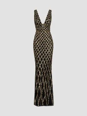 Mac Duggal Embellished V-neck Column Gown Black