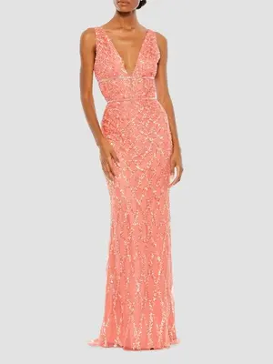 Mac Duggal Embellished V-neck Column Gown Coral
