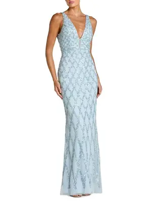 Mac Duggal Embellished V-neck Column Gown - Ice Blue