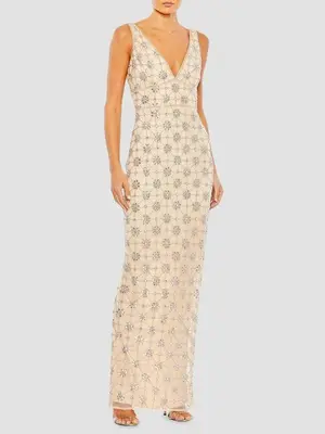 Mac Duggal Embellished V-neck Column Gown - Silver
