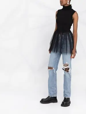Red Valentino Knitted Peplum Top With Tulle Hem
