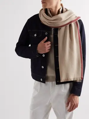 Brunello Cucinelli Fringed Striped Wool And Cashmere-blend Scarf