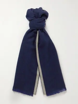 Brunello Cucinelli Fringed Striped Wool And Cashmere-blend Scarf - Blue