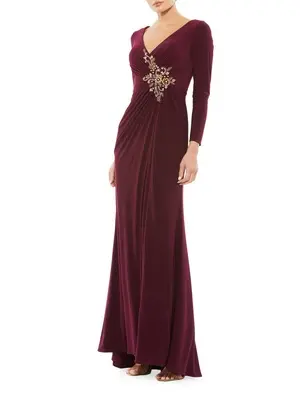 Mac Duggal Appliqué Long-sleeve Gown - Berry