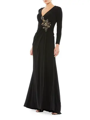 Mac Duggal Appliqué Long-sleeve Gown - Black
