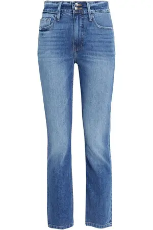 FRAME Le Sylvie Distressed Highrise Straightleg Jeans - Mid Denim