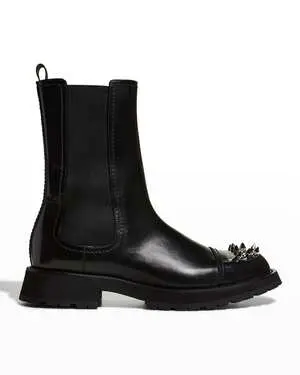 Alexander McQueen Men's Spike-toe Leather Combat Boots Blk/silver