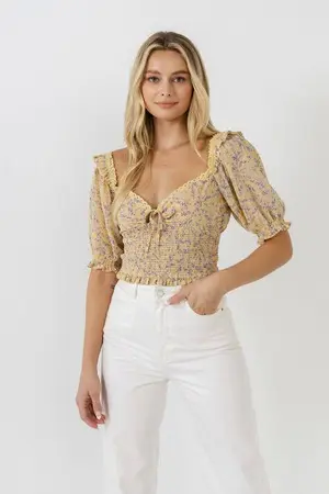 Endless Rose Floral Chiffon Lace Trim Top - Yellow