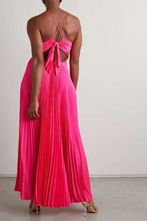 A.L.C. Aries Cutout Pleated Satin Maxi Dress Bright Pink